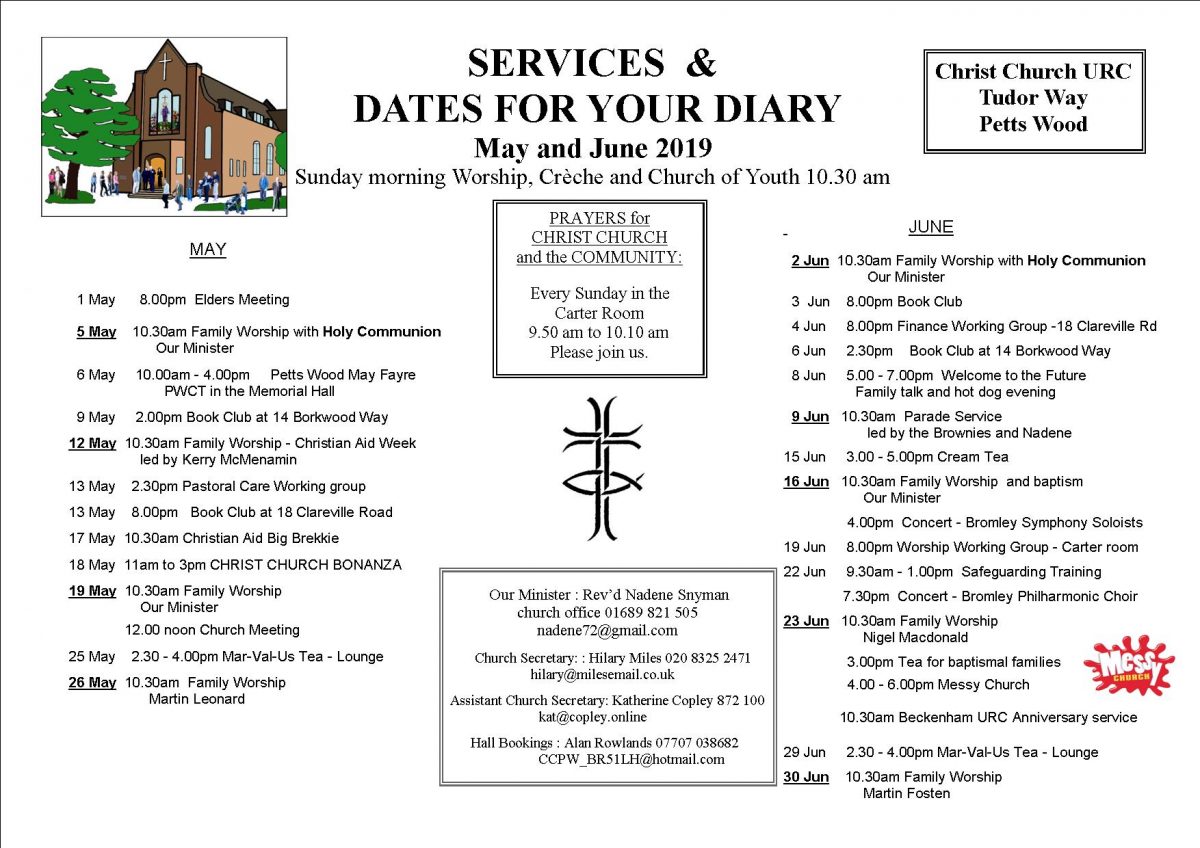 Dates for your Diary SHEET May and June 2019 | Christ Church United ...
